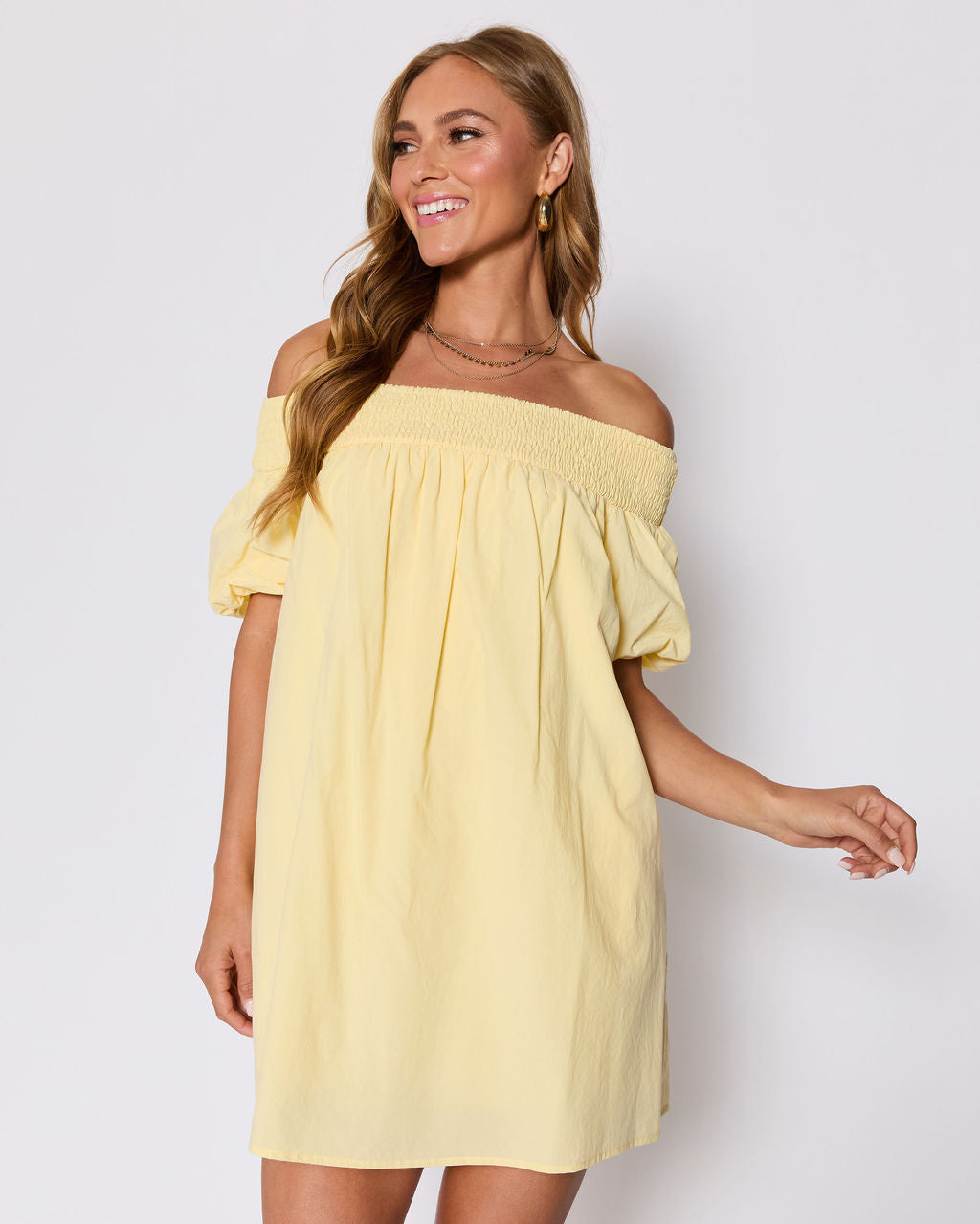 Lydia Cotton Smocked Off The Shoulder Mini Dress – VICI