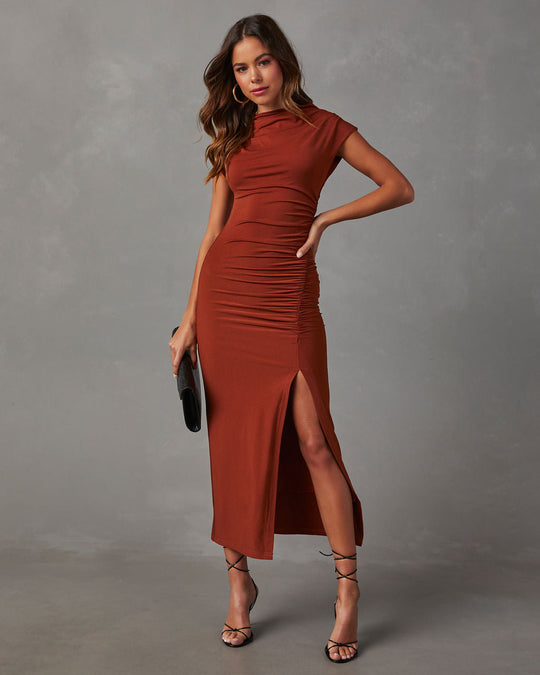 Elisabeth Mock Neck Side Slit Ruched Midi Dress – VICI