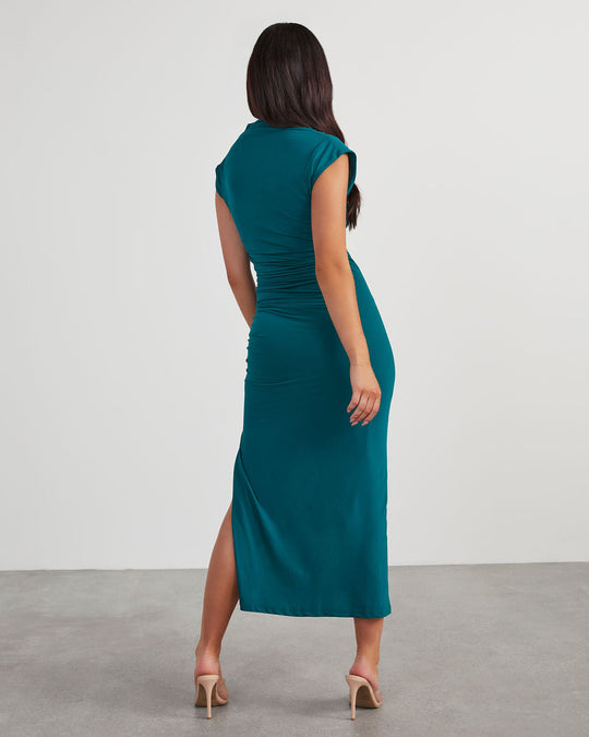 Elisabeth Mock Neck Side Slit Ruched Midi Dress – VICI