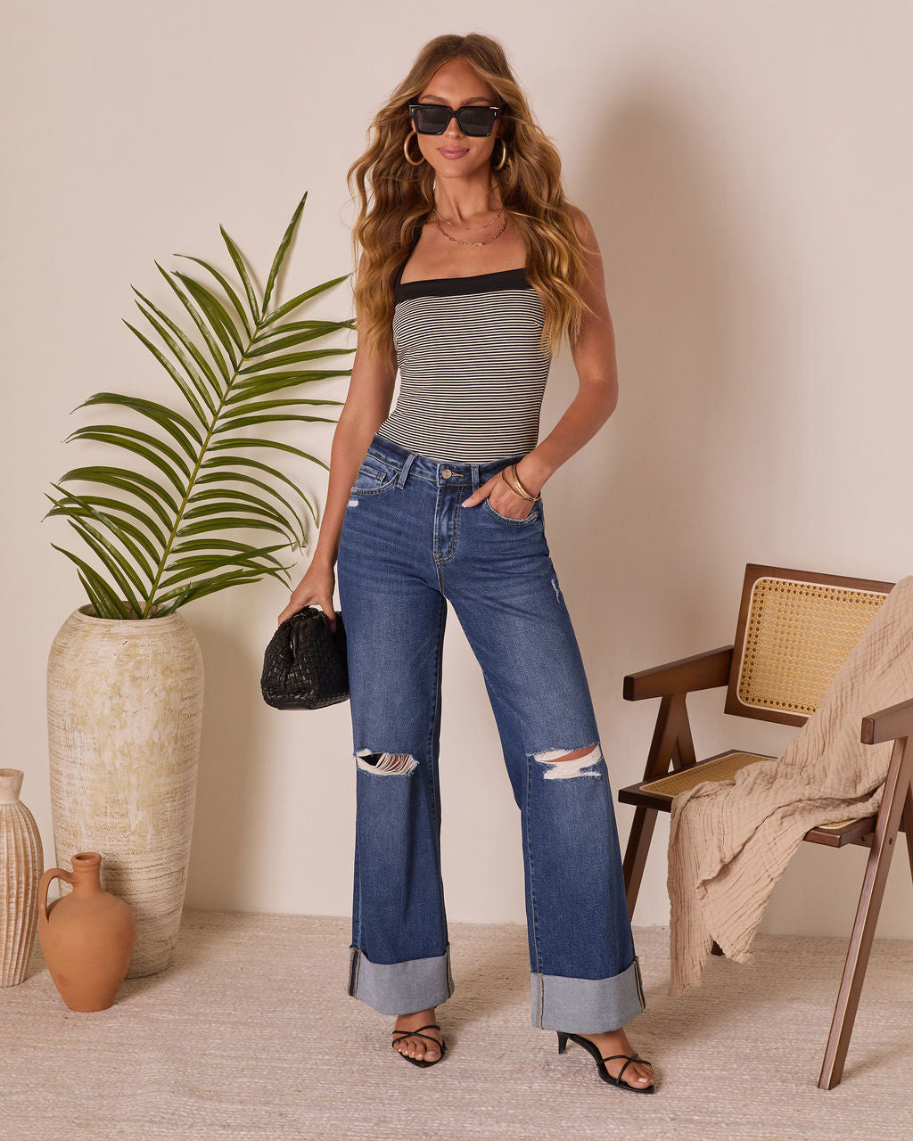 Jaidan Stretch High Rise Wide Leg Distressed Cuffed Jeans – VICI