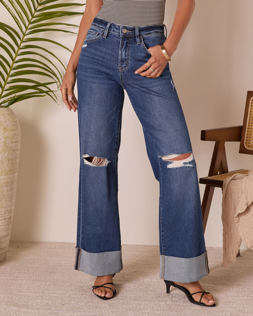 Jaidan Stretch High Rise Wide Leg Distressed Cuffed Jeans – VICI