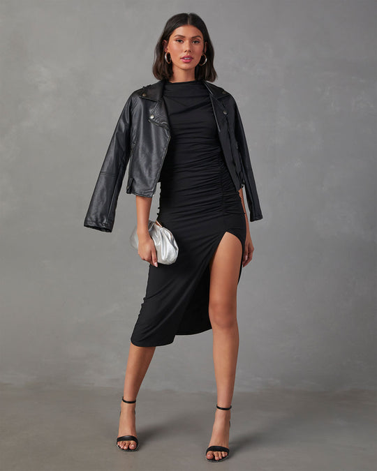 Elisabeth Mock Neck Side Slit Ruched Midi Dress – VICI